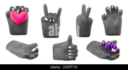 3d furry wolf hands set in plastic cartoon style. Different fingers and ...