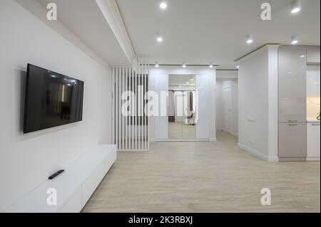 Large white hall connected to room and kitchen in a studio flat Stock ...