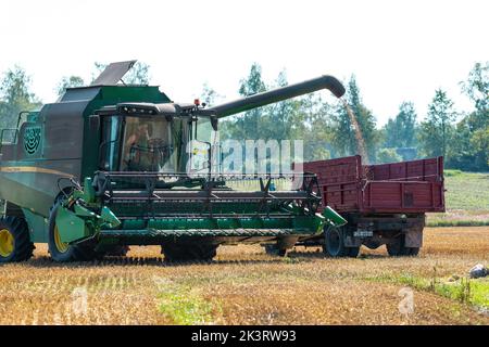 Jaunauce, Latvia, August 16, 2020: combine harvester and truck in a ...