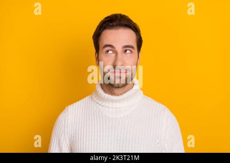Photo of thoughtful pretty guy dressed white sweater arms crossed ...