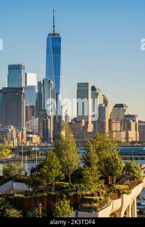 New York City, Little Island public park in evening. Elevated park with ...