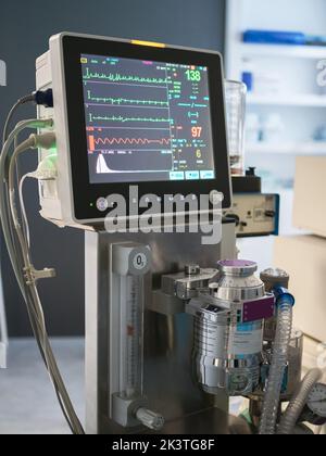 Modern equipment with vital signs monitors in operating room of ...