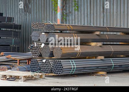 Long Steel Pipes at Shelf in Construction Material Warehouse Stock ...