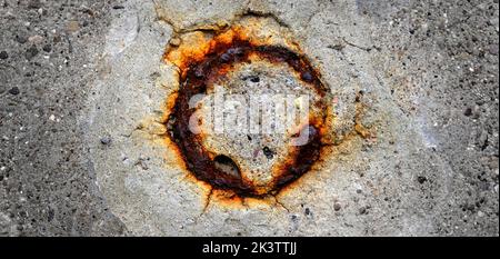 Orange rusted round spot on concrete texture from cut pole removed ...