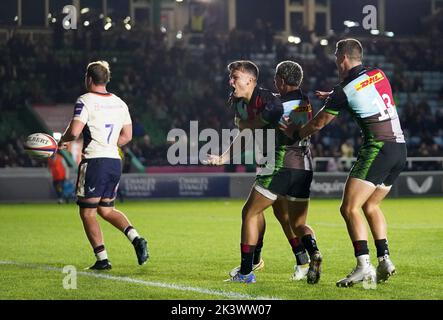 Harlequins' Jake Murray celebrates scoring their side's fourth try of ...