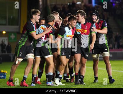 Harlequins' Jake Murray celebrates scoring their side's fourth try of ...