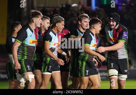 Harlequins' Jake Murray celebrates scoring their side's fourth try of ...