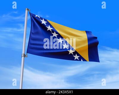 Flag of Bosnia and Herzegovina waving in the wind. Blue field with ...