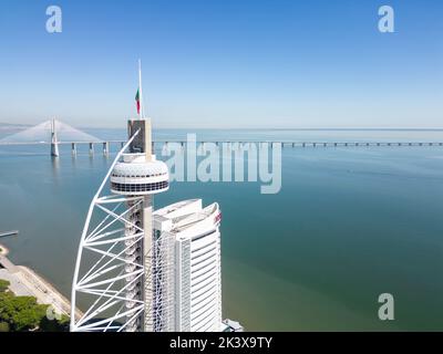 Aerial footage of the Vasco da Gama Tower at Park of The Nations in ...