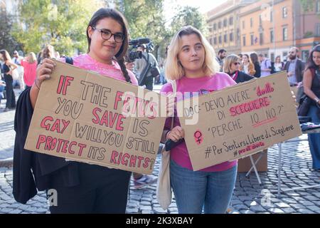 Roma, Italy. 28th Sep, 2022. Girl show signs during World Day for Safe ...
