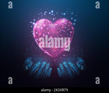 Futuristic glowing low polygonal heart with green leaves inside ...