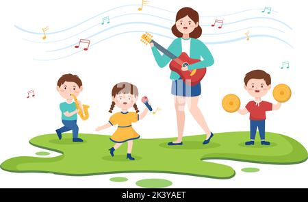 Music School Template In Hand Drawn Cartoon Flat Illustration Playing ...