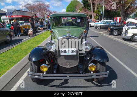 A green 1930 Ford Model A coupe at a classic car show. Tauranga, New ...