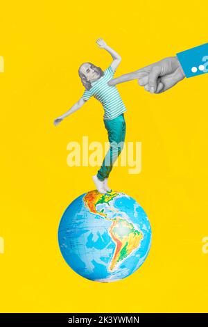 Vertical collage picture of huge human arm hold strings small guy ...