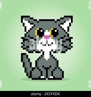 Pixel 8 bit cat face. Animals for game assets in vector illustration ...