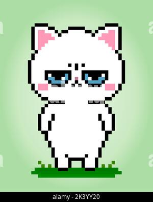 Pixel 8 bit white cat. Animals for game assets in vector illustration ...