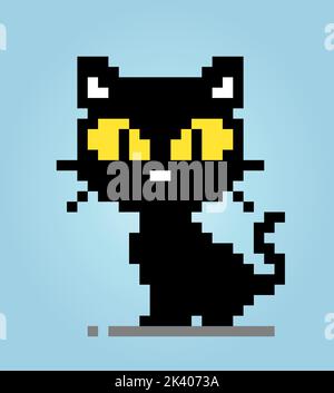 Pixel 8 bit black cat. Animals for game assets in vector illustration ...