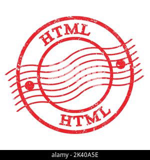 HTML text written on red grungy zig zag borders round stamp Stock Photo ...