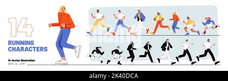 People run in row, marathon jogging, sports exercising or competition ...