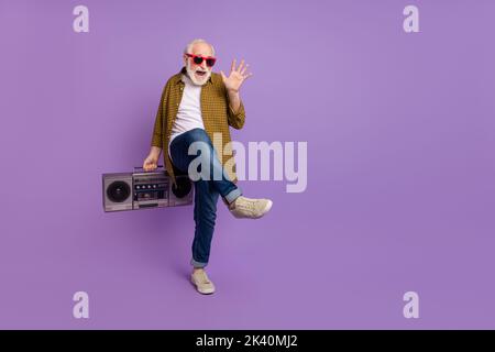 Photo of funky funny grandparent grey hair acting mad king dressed ...