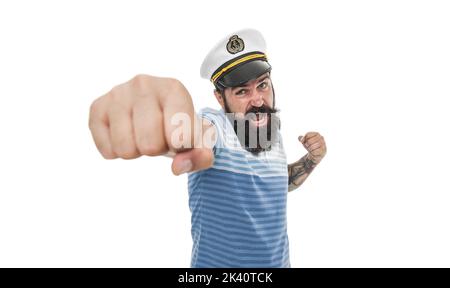 Attack. Punch in face. Sailor spirit. Bearded sailor isolated on white ...