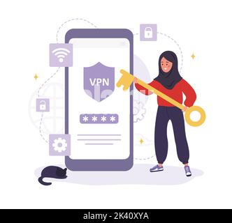 VPN service. Muslim woman using private network for protect personal ...