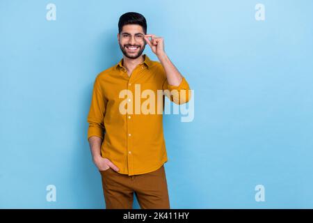 Photo of good mood clever businessman surfing in netbook working new ...