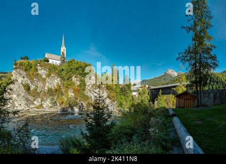 Reformed church Scuol, roofed wooden bridge La Tuor *** Local Caption ...