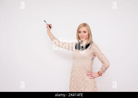 Businesswoman Writing On Visual Screen - Stock Image Stock Photo - Alamy