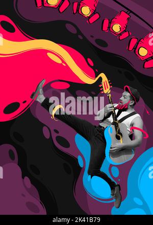 Contemporary art collage. Emotive man in image of Santa Claus looking ...