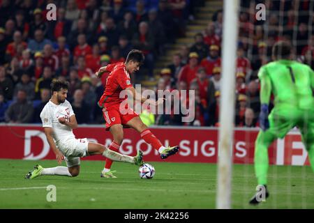 Rubin Colwill of Wales (c) plays a cross into the box. UEFA Nations ...