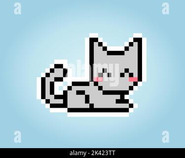 Pixel 8 bit cat face. Animals for game assets in vector illustration ...