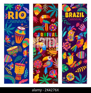 Brazilian Rio carnival party banners. Cartoon toucan and parrot birds ...