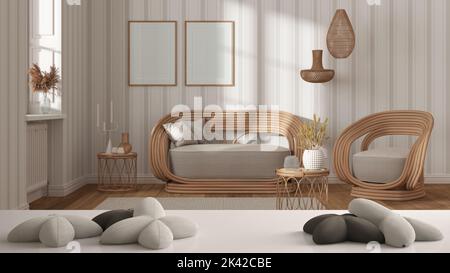 White table, desk or shelf with five soft white pillows in the shape of ...