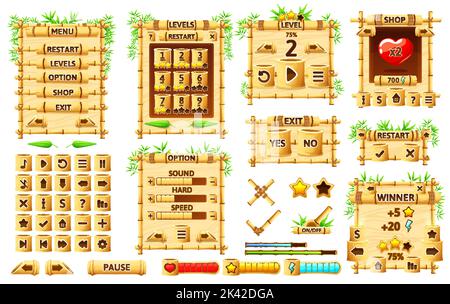 Jungle game interface. Ui game buttons, gui elements with vector palm leaves and exotic tropical ...