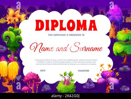Kids diploma, fantasy forest, magic alien trees and plants, vector ...