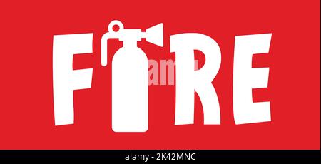 Cartoon slogon fire with fire extinguisher. Warning fire. Dangerous ...