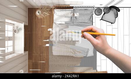 Blueprint project draft, sketch of scandinavian bedroom, hand painting ...
