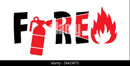 Cartoon slogon fire with fire extinguisher. Warning fire. Dangerous ...