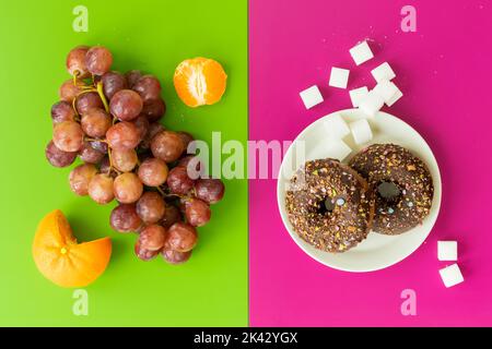 Green vegetables s vs donuts. Unhealthy food and health problems. High ...