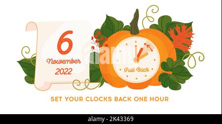 Daylight saving time ends 2022, Fall Back banner. Alarm clock and ...