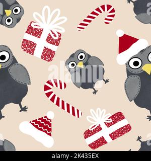 Cartoon owl seamless Christmas gifts box and candy and Santa hat ...