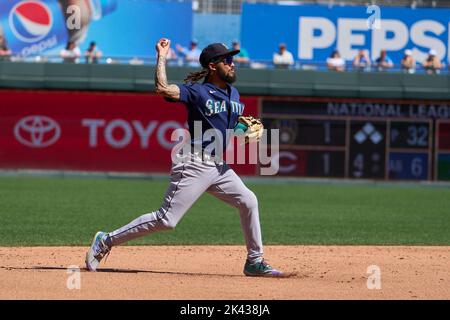 Seattle Mariners shortstop J.P. Crawford, right, forces out Los Angeles ...