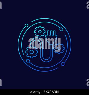 electrical plug with 3 pins and gears line icon Stock Vector Image ...