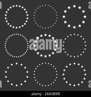White stars of various sizes arranged in a circle. Round frame, border ...