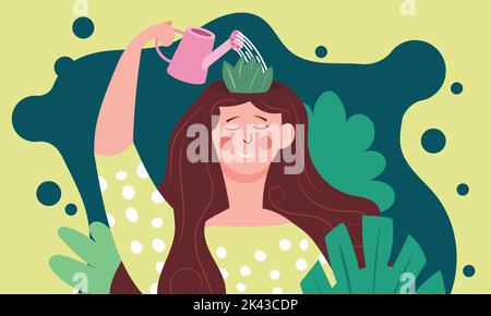 Positive optimistic mindset and self care for mental health. Cartoon ...