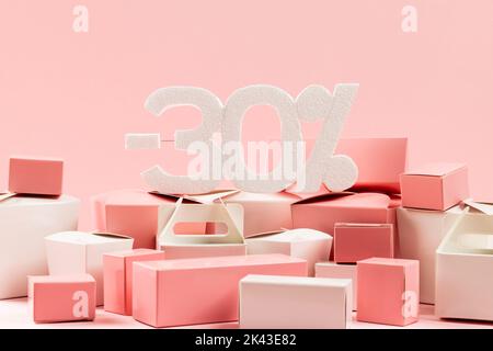 Composition of -30 percent text and boxes on white background Stock ...