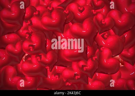 Abstract illustration of multiple glossy hearts against red background ...