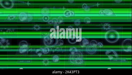 Image of data processing over light trails on black background Stock ...
