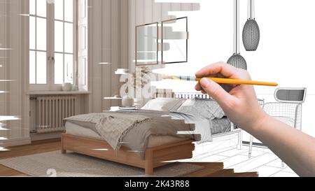 Blueprint project draft, sketch of scandinavian bedroom, hand painting ...